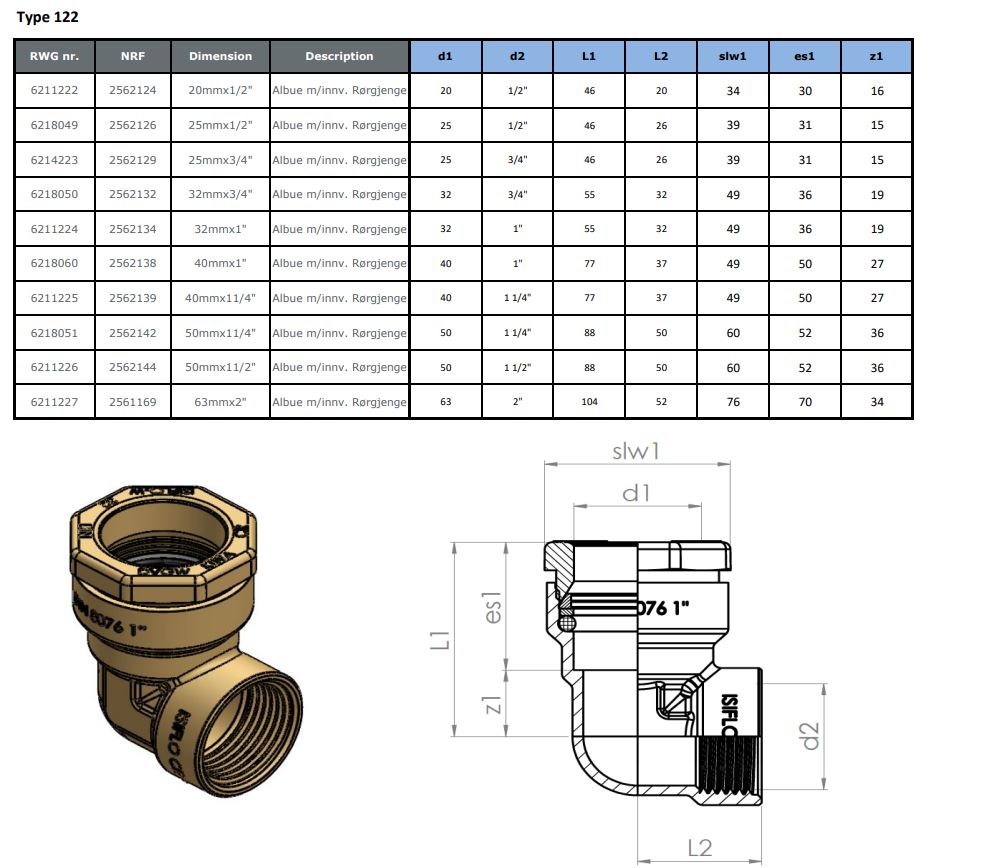 Type 122 vinkel 90° med indv. gevind